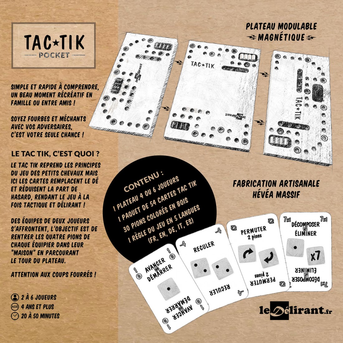 TAC★TIK POCKET - Jeu de société 4 ou 6 joueurs. Marque LEDELIRANT®