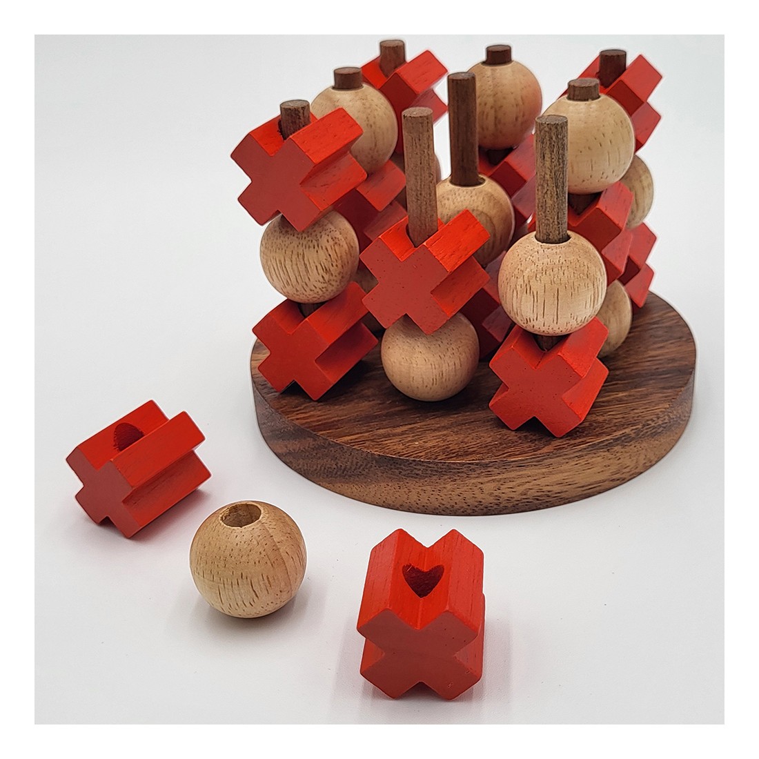 Tic Tac Toe 3D Couleur - Morpion - Jeu en Bois Massif Acacia et Hévéa.